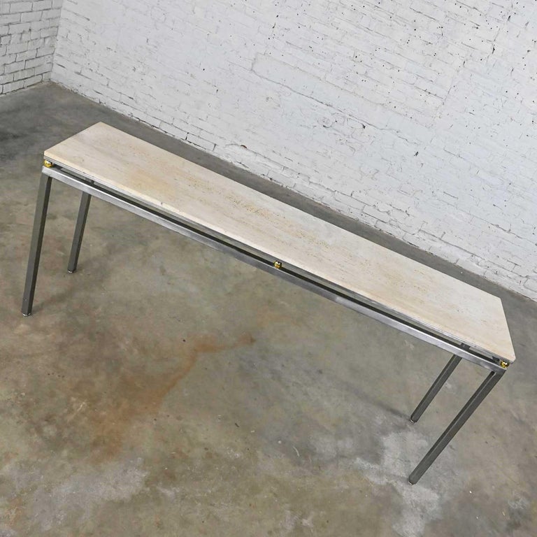 Modern Custom Tube Steel Console Sofa Table Travertine Top and Brass ...