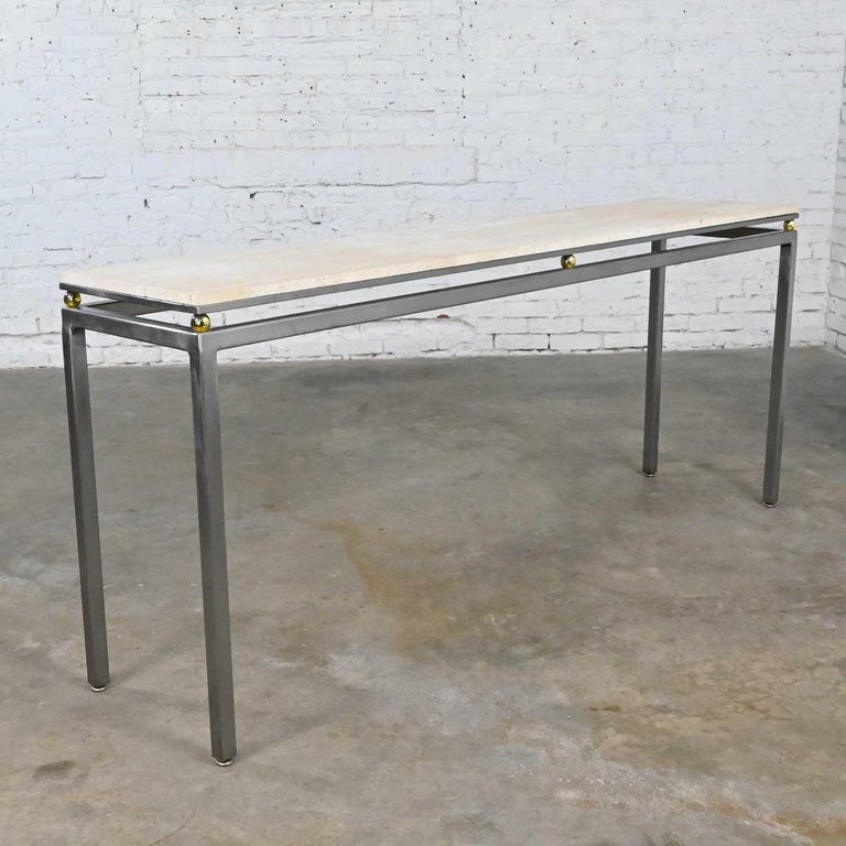 Modern Custom Tube Steel Console Sofa Table Travertine Top and Brass ...