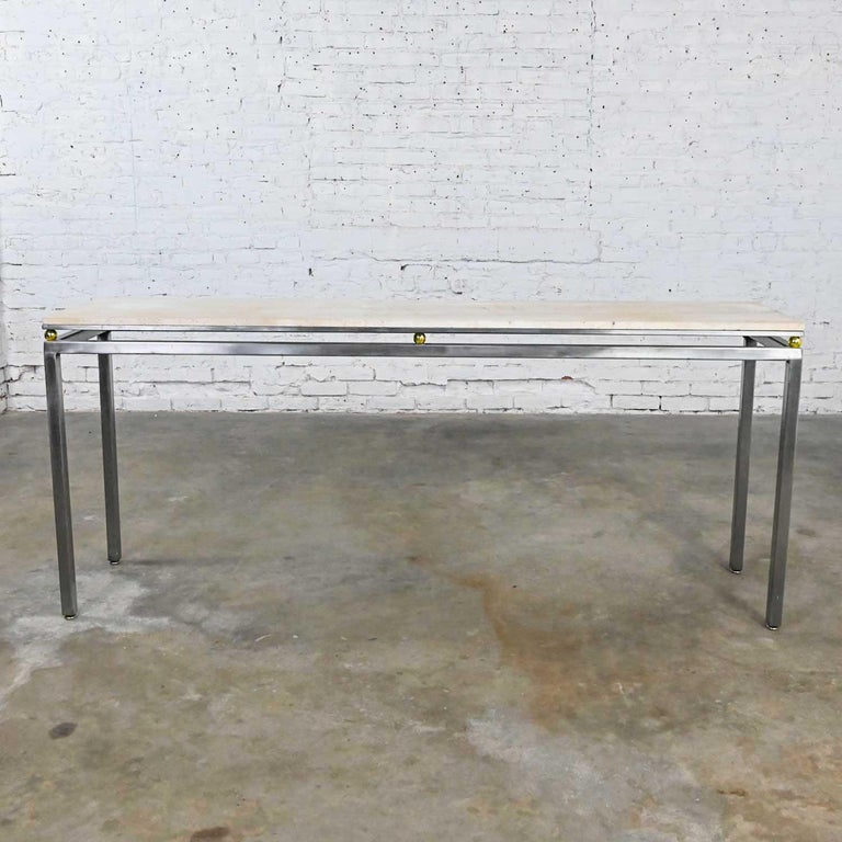 Modern Custom Tube Steel Console Sofa Table Travertine Top and Brass ...