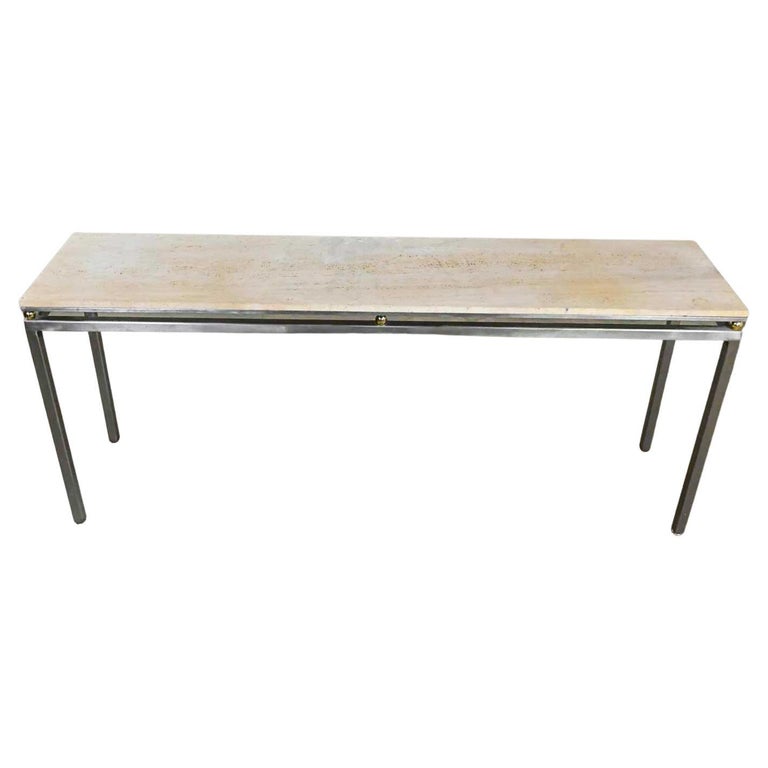 Modern Custom Tube Steel Console Sofa Table Travertine Top and Brass ...