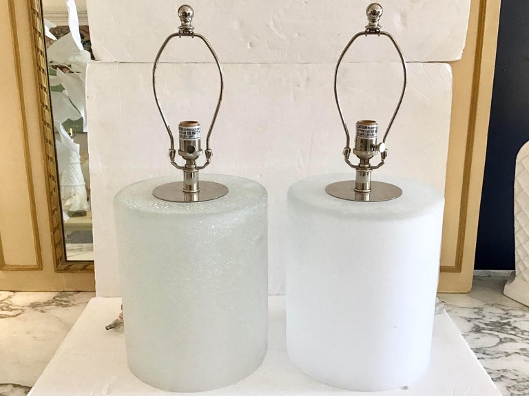 Modern Cylinder Frosted Art Glass Table Lamps, a Pair For Sale at 1stDibs