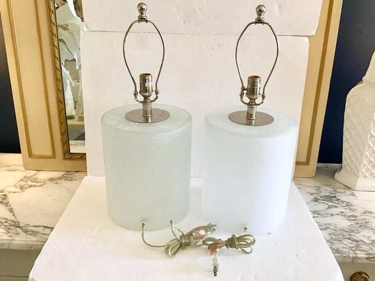 Modern Cylinder Frosted Art Glass Table Lamps, a Pair For Sale at 1stDibs