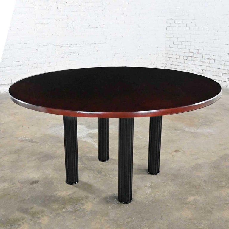 Modern Dark Cherry Finish Round Top Table with 4 Large Black Metal ...