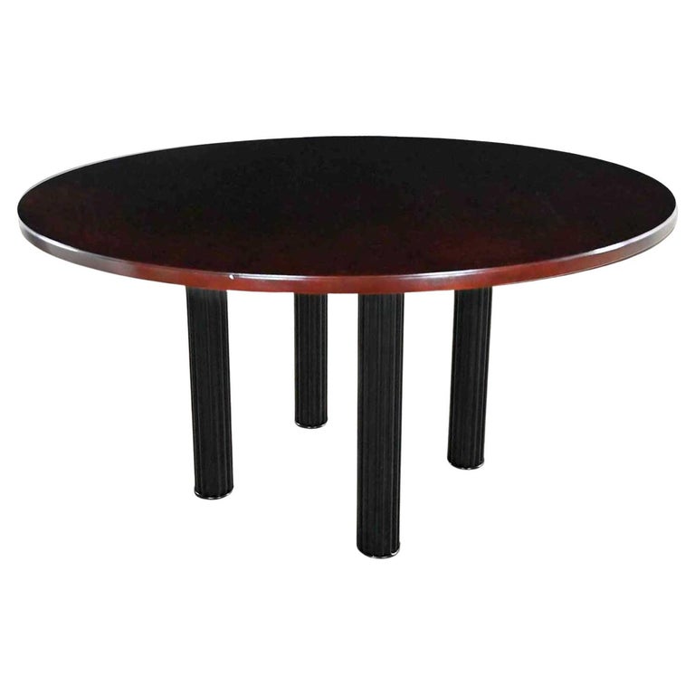 Modern Dark Cherry Finish Round Top Table with 4 Large Black Metal ...