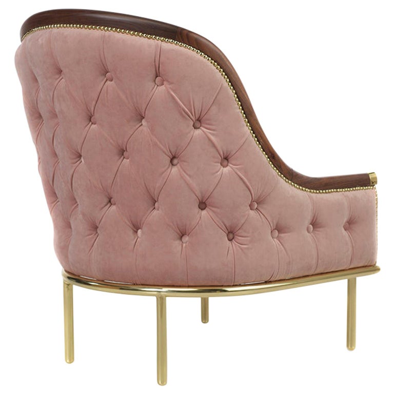 Modern Deco Armchair in Pink Velvet Capitoné, Brass Foot and Walnut ...