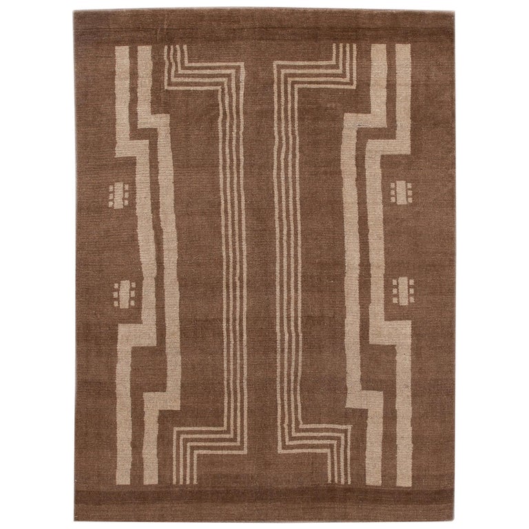 Modern Deco Style Handmade Geometric Brown and Beige Wool Rug For Sale ...