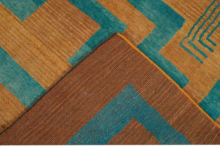 Modern Deco Style Handmade Geometric Goldenrod and Teal Wool Rug For ...