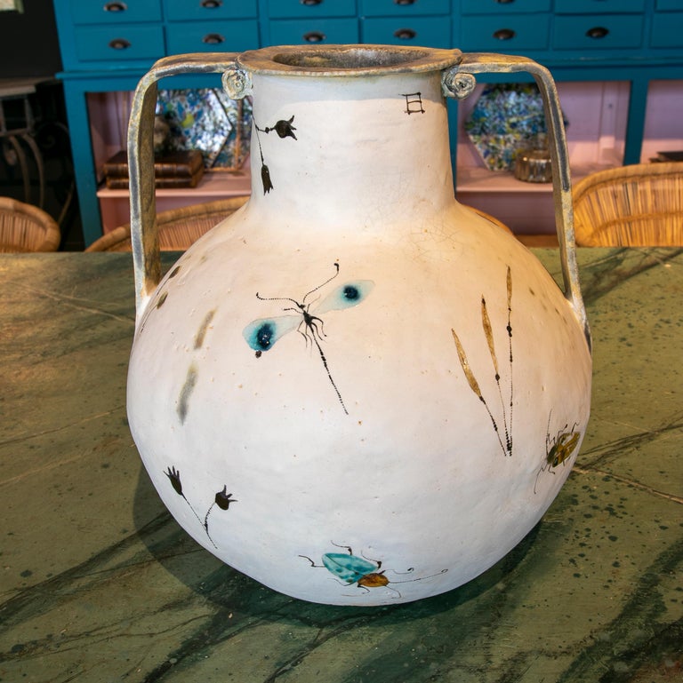 Modern Designer Spanish White Ceramic Vase w/ Hand Painted Insects and ...