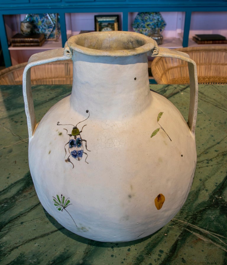 Modern Designer Spanish White Ceramic Vase w/ Hand Painted Insects and ...