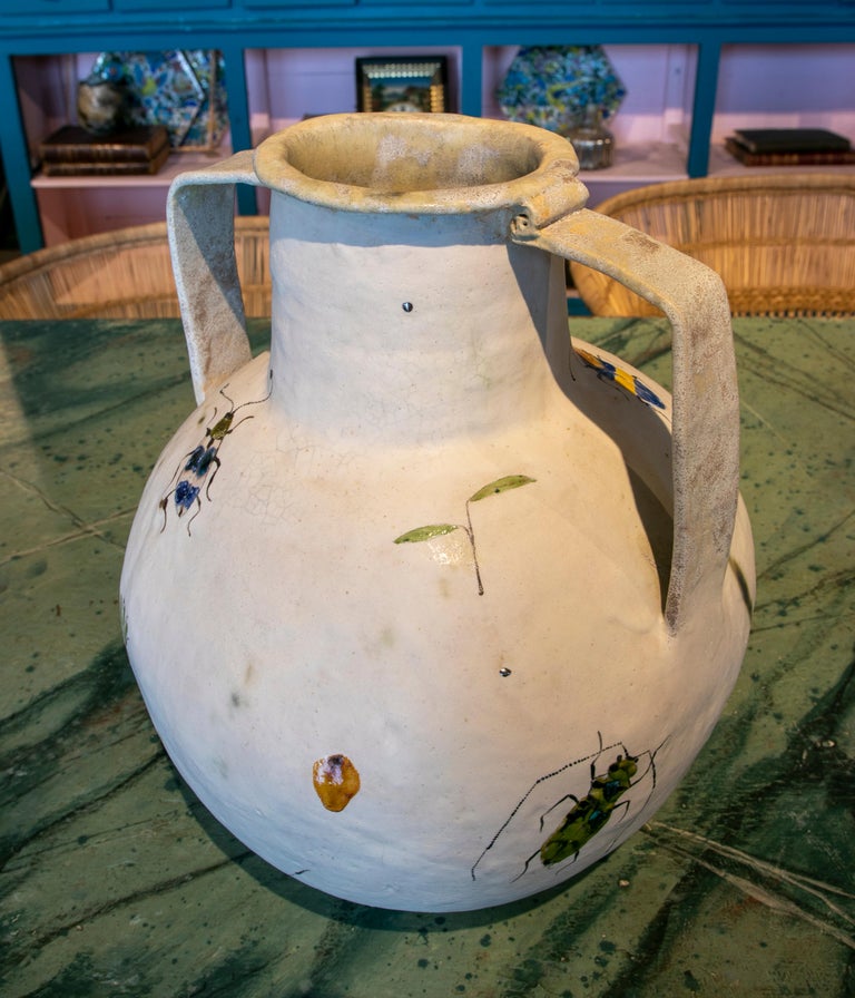 Modern Designer Spanish White Ceramic Vase w/ Hand Painted Insects and ...