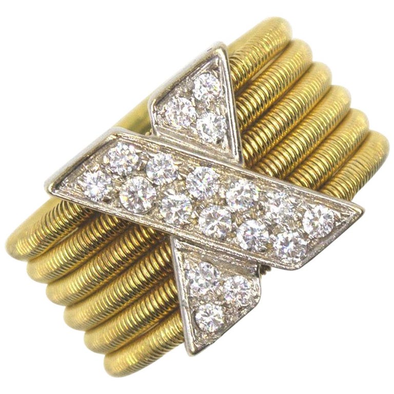 Modern Diamond X 18 Karat Yellow Gold Wide Band Ring at 1stDibs