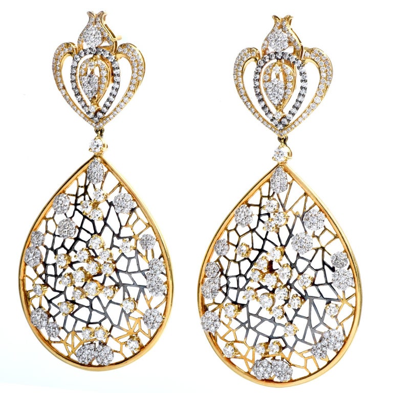 Modern Diamond 18K Yellow Gold Royalty Crown Web Dangle Drop Earrings ...