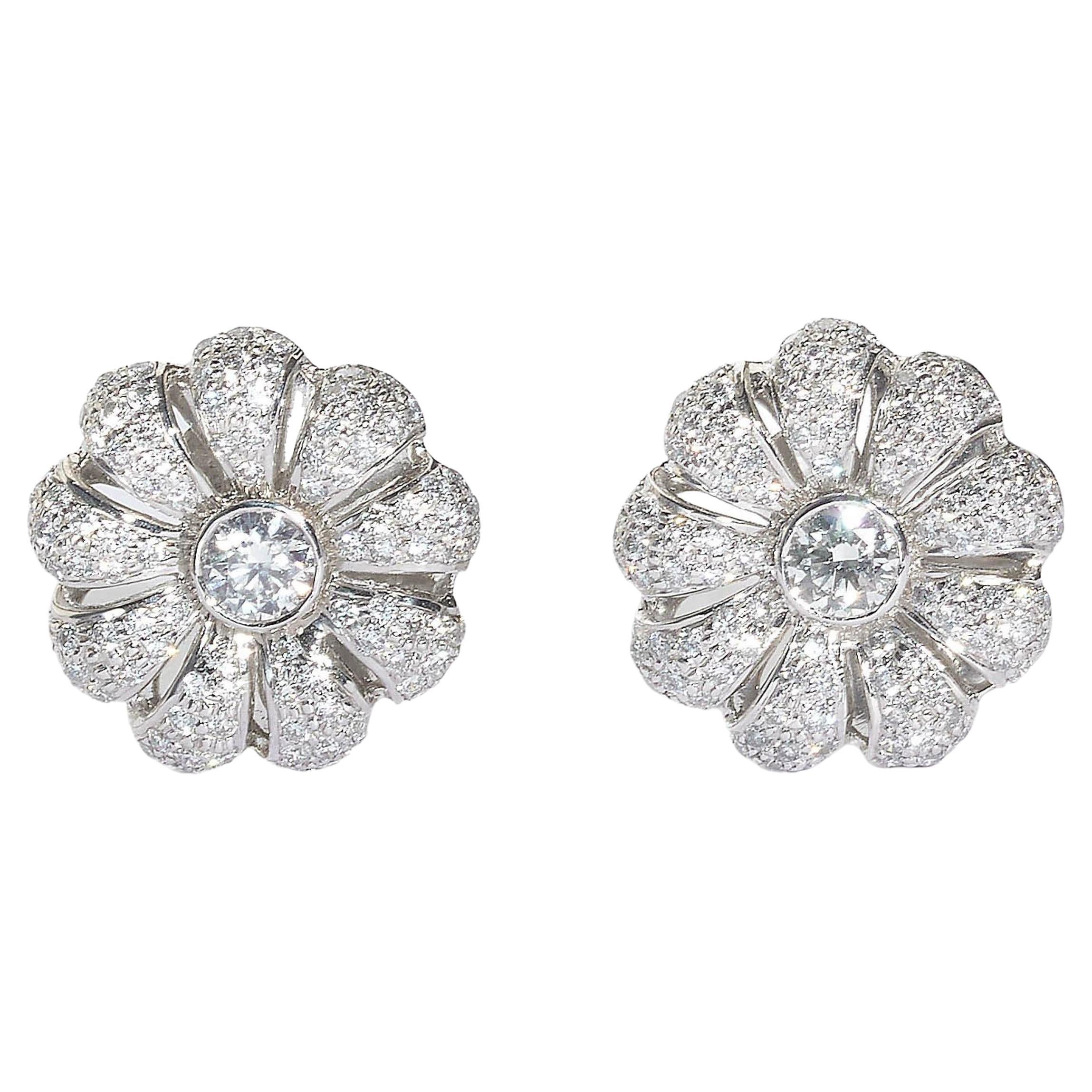Modern Diamond and Platinum Flower Earrings, 2.75 Carats For Sale at ...
