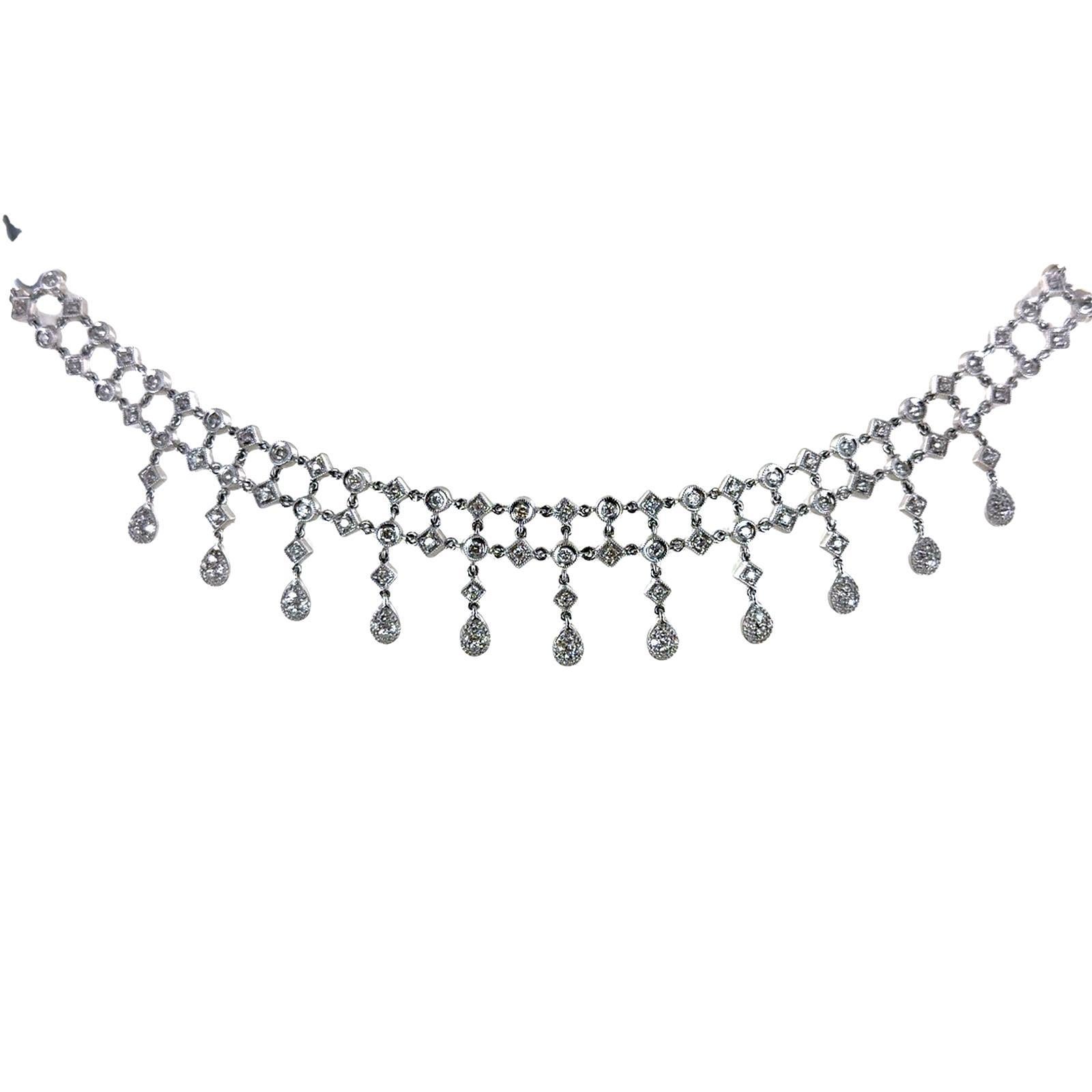 Modern Diamond Drop 18 Karat White Gold Two Row Collar Necklace For ...