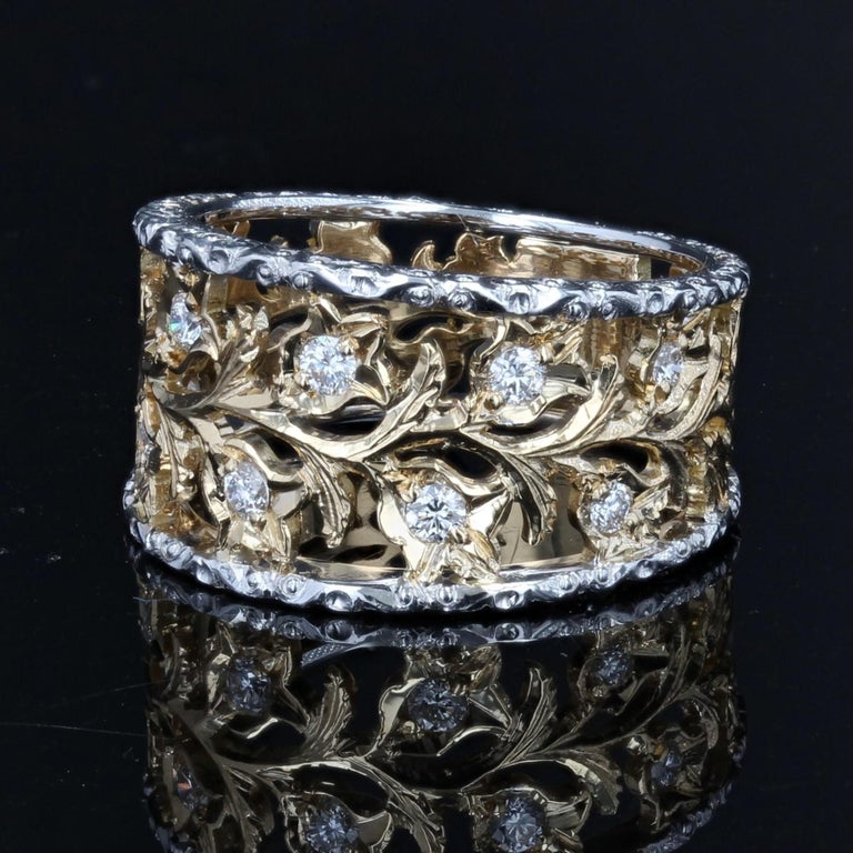 Modern Diamonds 18 Karat Yellow White Gold Floral Band Ring For Sale at ...
