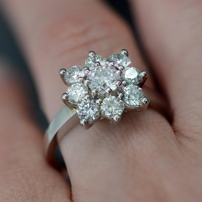 Modern Diamonds Platinum Square Engagement Daisy Ring For Sale at 1stDibs