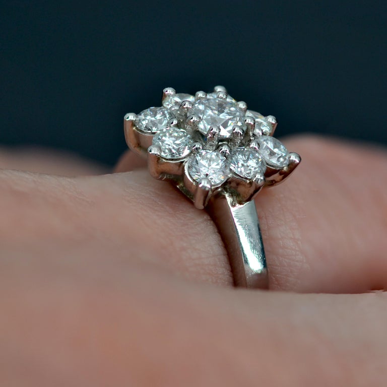 Modern Diamonds Platinum Square Engagement Daisy Ring For Sale at 1stDibs