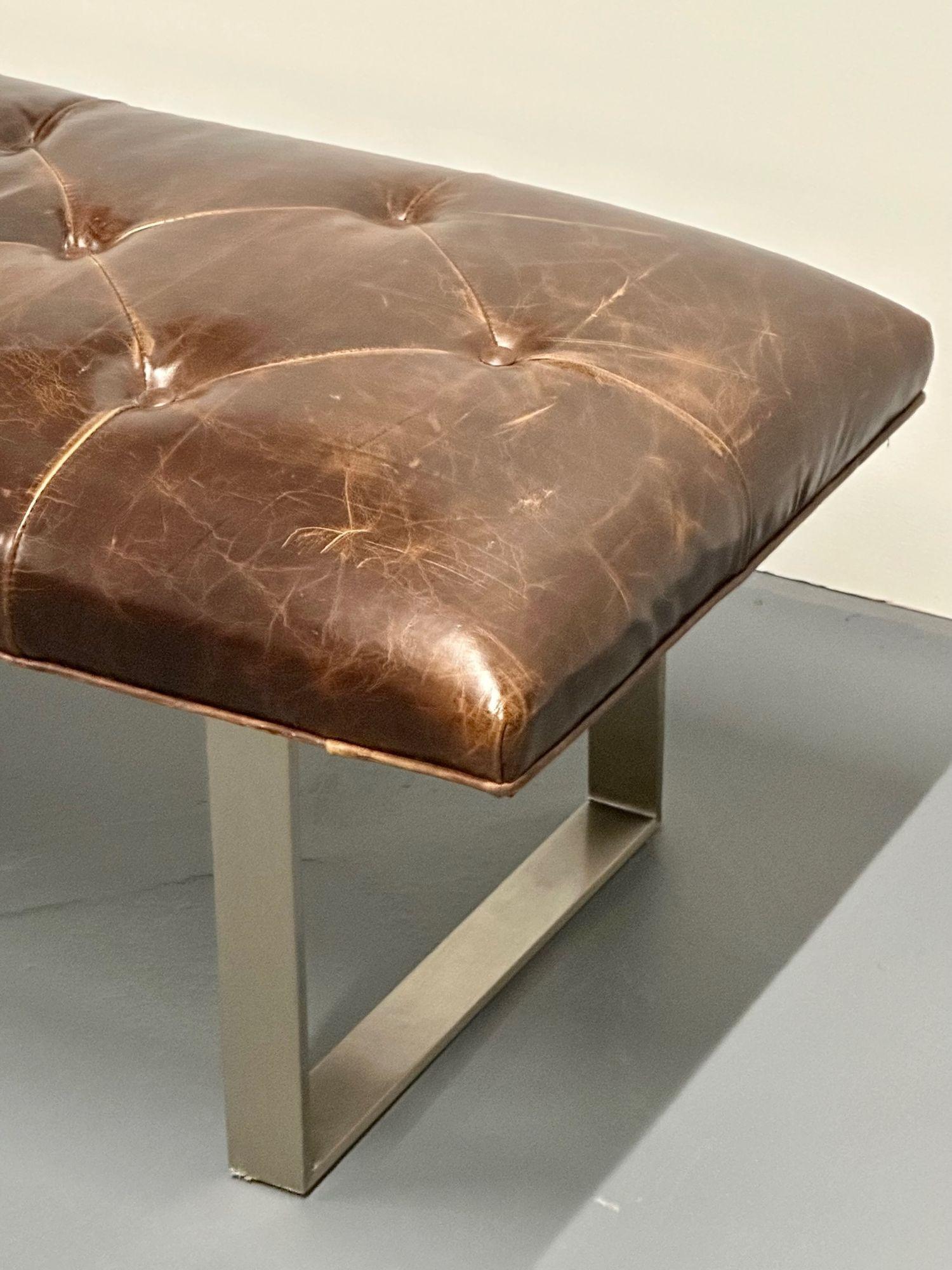 Modern Distressed Leather and Steel Window Bench, Footstool ...