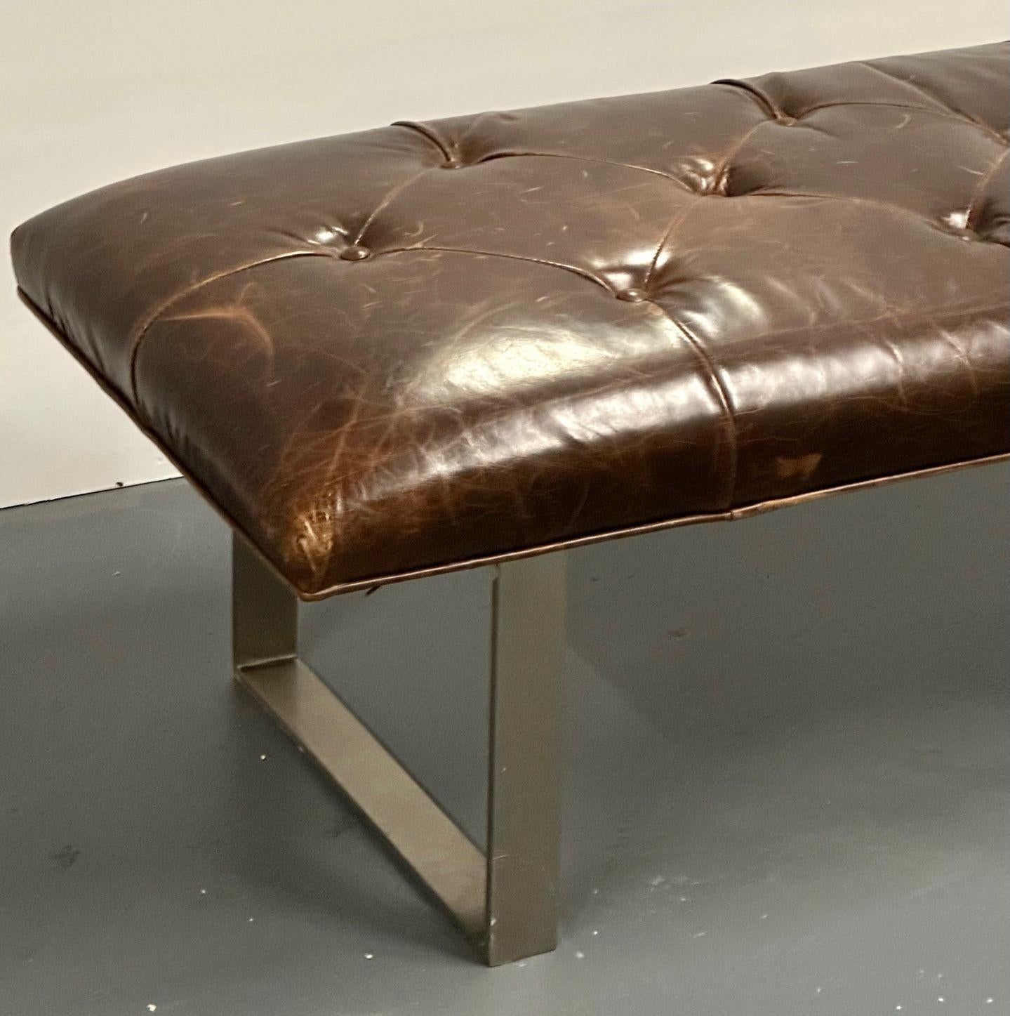 Modern Distressed Leather and Steel Window Bench, Footstool ...