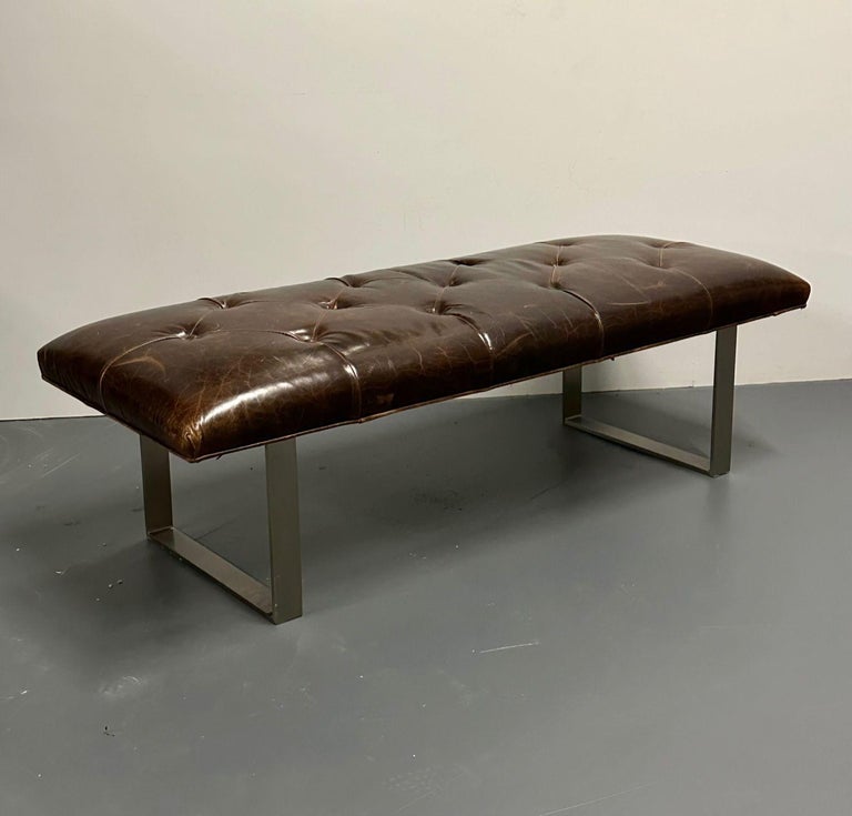 Modern Distressed Leather and Steel Window Bench, Footstool ...