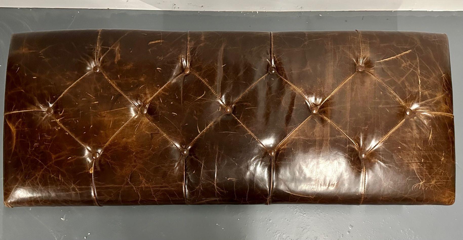 Modern Distressed Leather and Steel Window Bench, Footstool ...