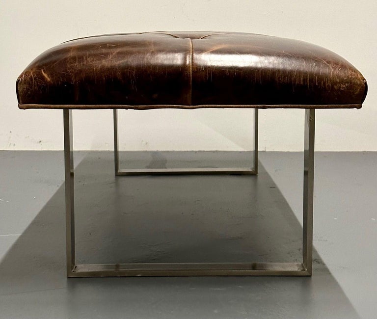 Modern Distressed Leather and Steel Window Bench, Footstool ...