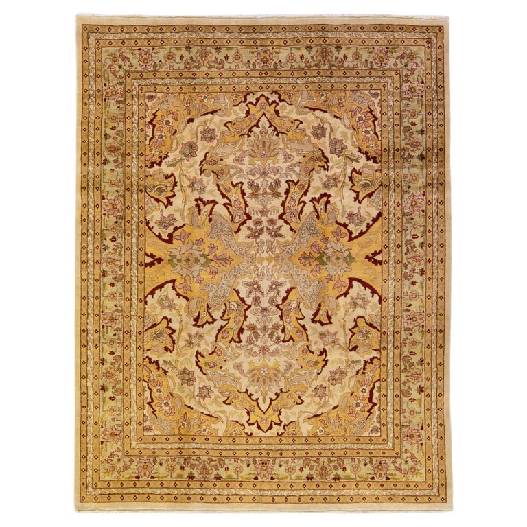 Modern Egyptian Handmade Floral Yellow and Beige Wool Rug For Sale at ...