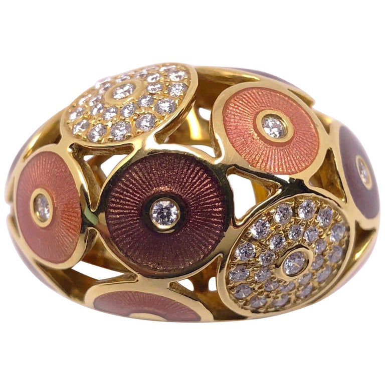 Modern Faberge 18 Karat Yellow Gold, Guilloché Enamel and Diamond Ring ...