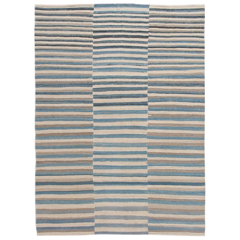 Modern Flat-Weave Handmade Striped Wool Rug For Sale at 1stDibs