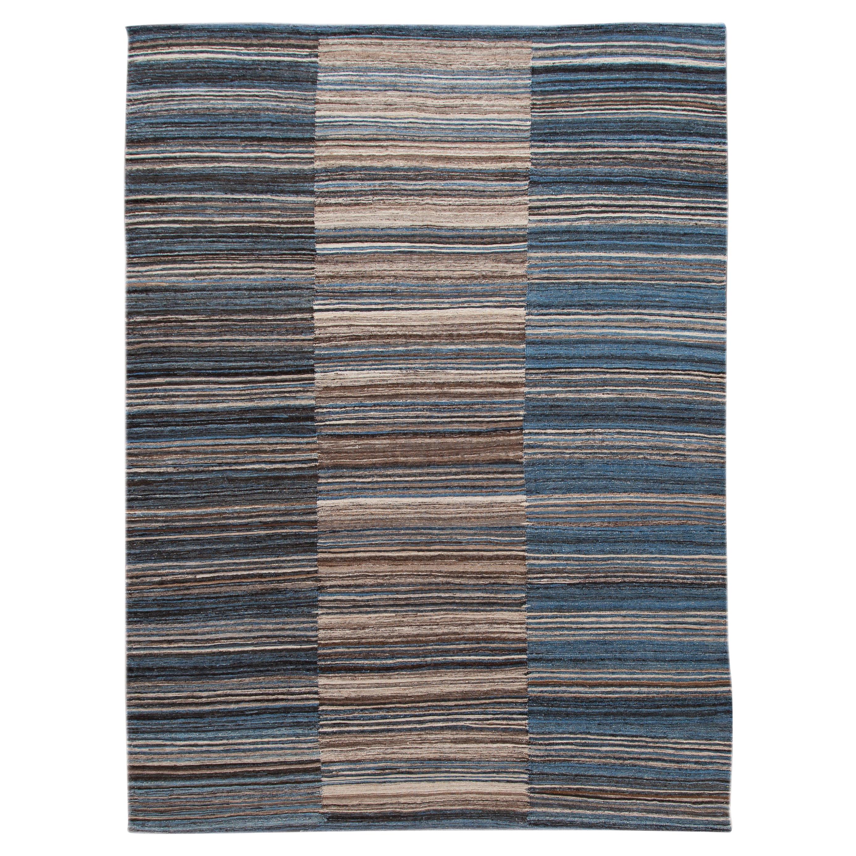 Modern Flat-Weave Handmade Striped Wool Rug For Sale at 1stDibs