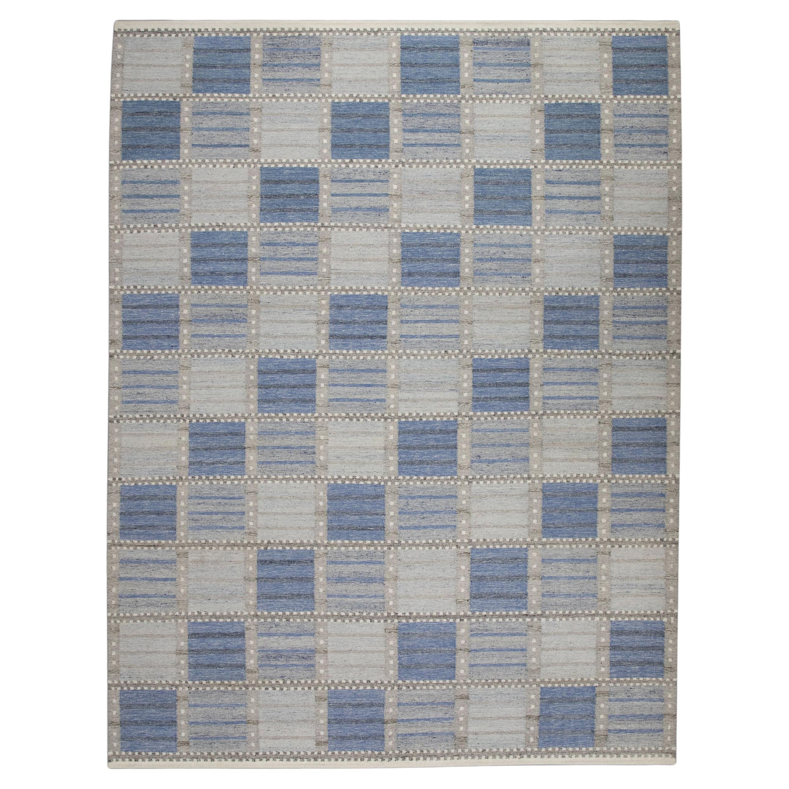 Modern Flatweave Handmade Wool Rug in Blue Geometric Design 9'1" X 12'3 ...