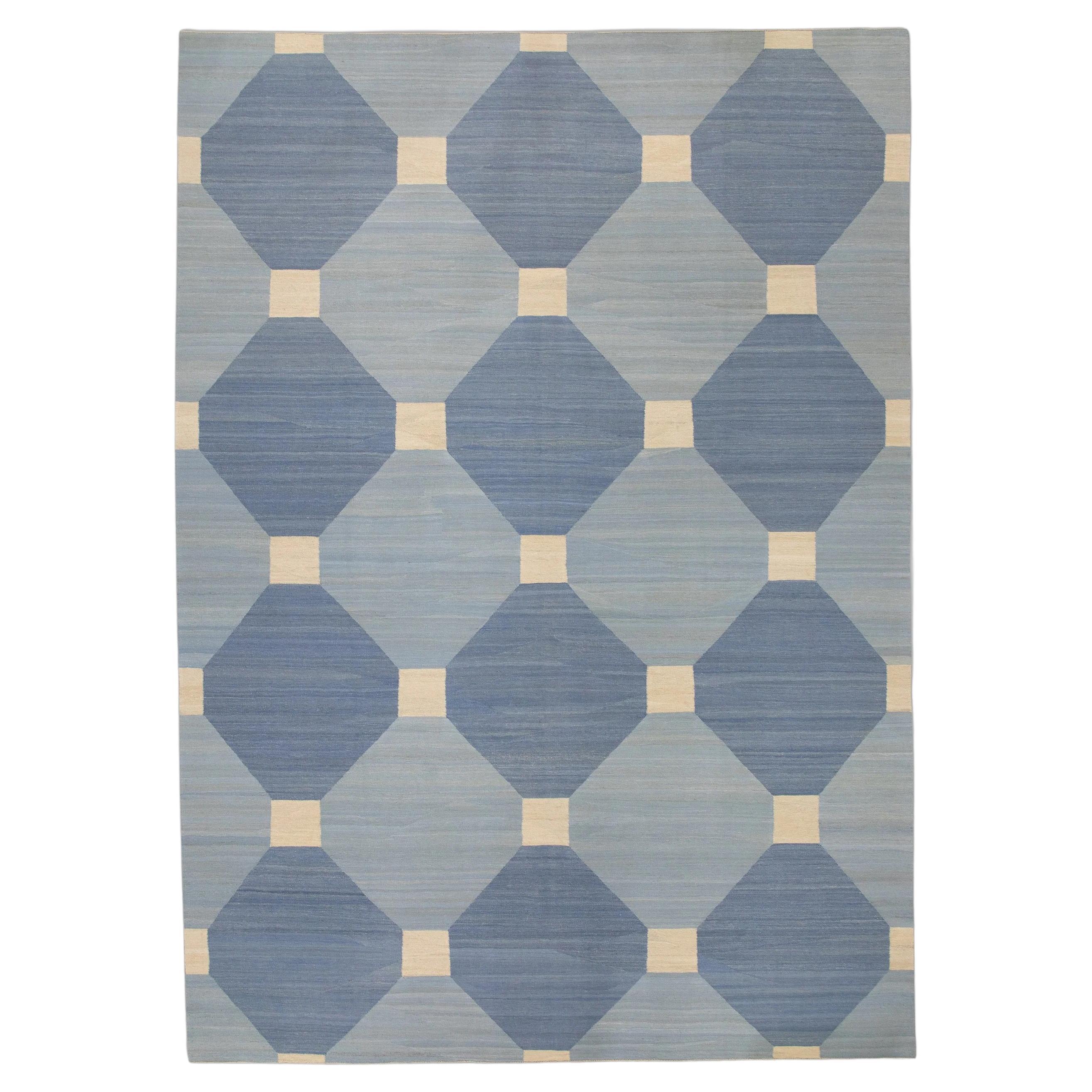 Blue Geometric Design Flatweave Handmade Wool Rug 8'8" x 10'1" For Sale ...