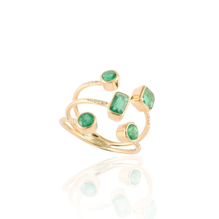 Customizable Modern Floating Emerald Diamond Open Shank Band Ring in 18 Karat Yellow Gold For ...