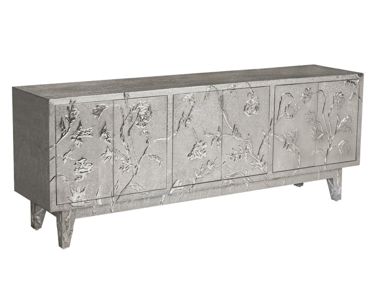 Modern Floral Hand Carved Credenza in White Bronze Clad on Wood by Paul Mathieu For Sale at 1stDibs