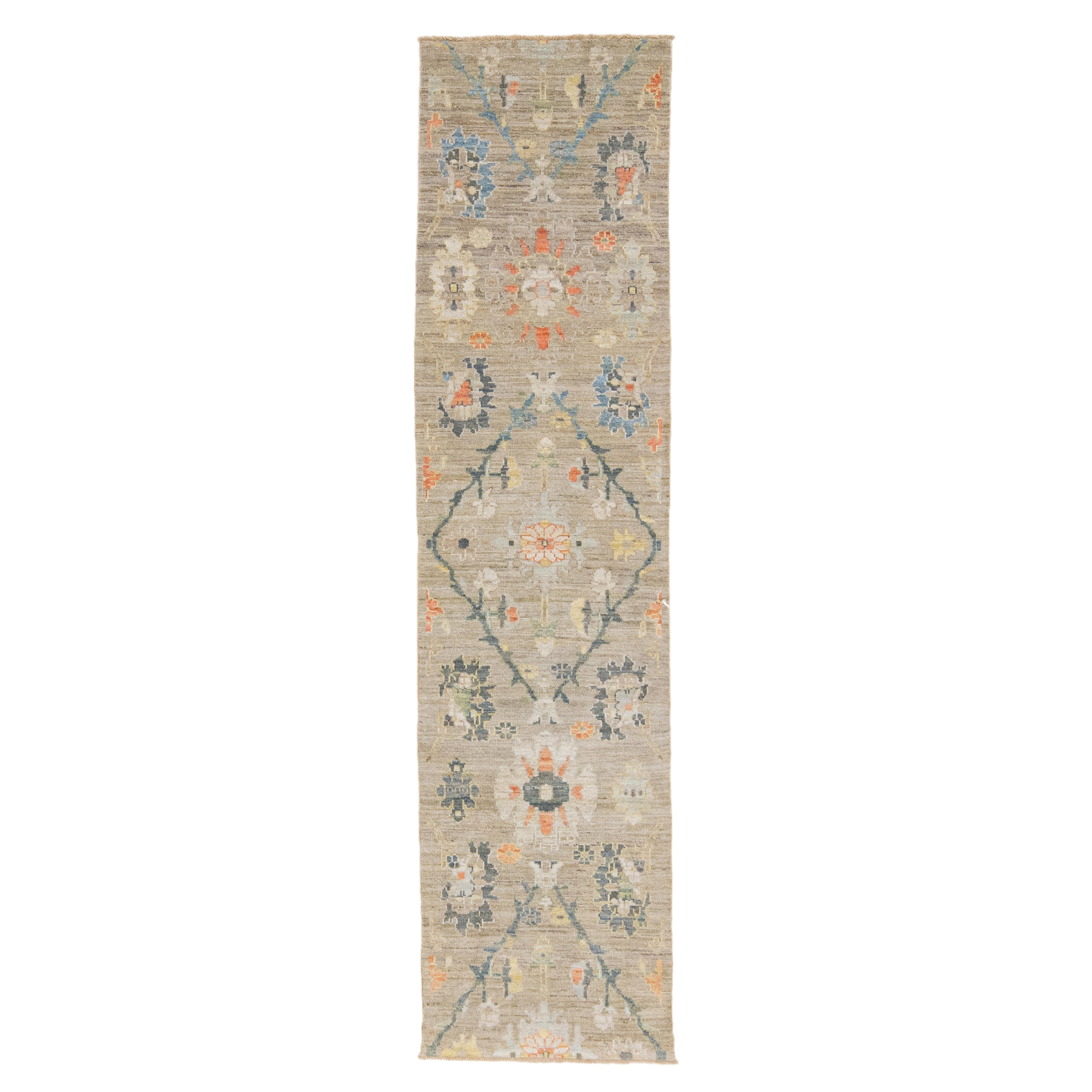 Beige Modern Mahal Handmade Floral Wool Runner For Sale at 1stDibs