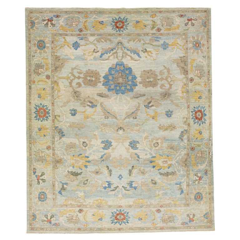 Modern Floral Room Size Light Blue Sultanabad Wool Rug For Sale at 1stDibs