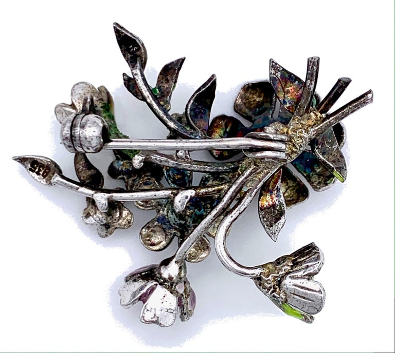Modern Flower Bouquet Silver Polychrome Enamel Booch For Sale at 1stDibs