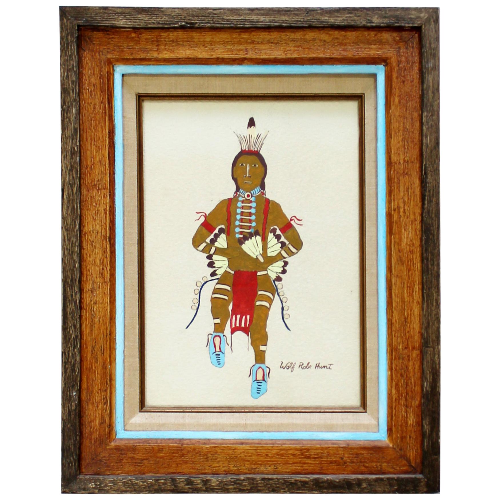 Modern Framed Original Tempera Board Painting Signed Chief Wolf Robe ...