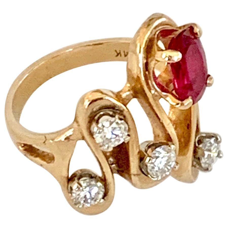 Modern Freeform Ruby and Diamond 14 Karat Yellow Gold Ring - Size 6 For ...