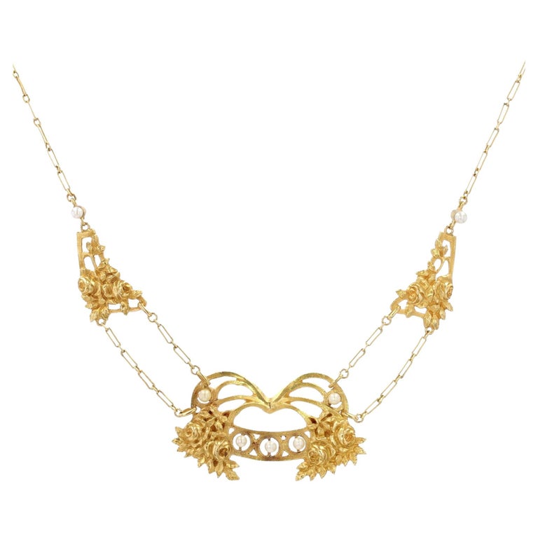 Moderne moderne französische Perlenkette im Jugendstil aus 18 Karat ...