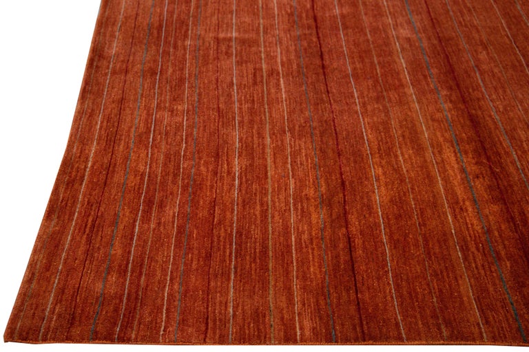 Modern Gabbeh Handmade Striped Copper Wool Rug For Sale at 1stDibs