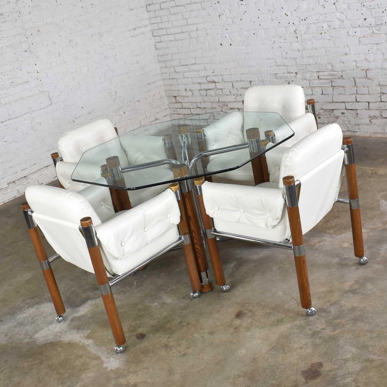 Modern Game Table or Dining Table Glass Chrome Oak with Four White ...
