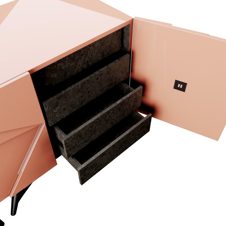 Modern Geometric Pink Sideboard, Gloss Beige Red Lacquer and Black ...
