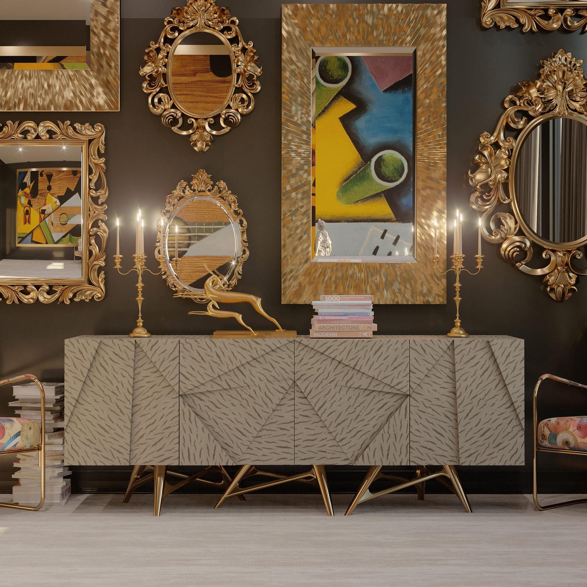 Modern Geometric Pink Sideboard, Gloss Beige Red Lacquer and Black ...