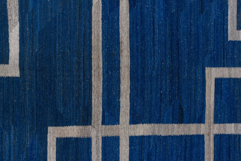 Modern and Geometric Royal Blue Flatweave Rug with Gray and Taupe ...