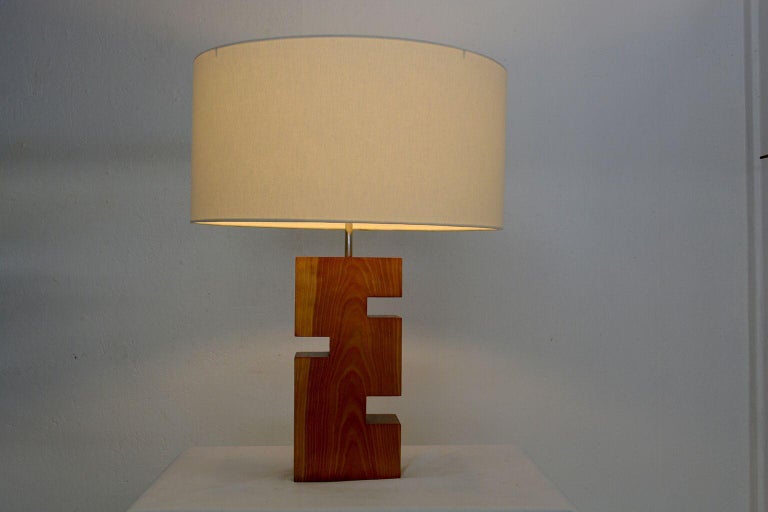 1970s Modern Geometric Carved Wood Block Table Lamp at 1stDibs