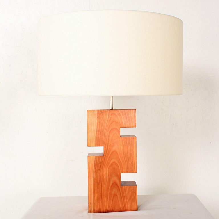 1970s Modern Geometric Carved Wood Block Table Lamp at 1stDibs