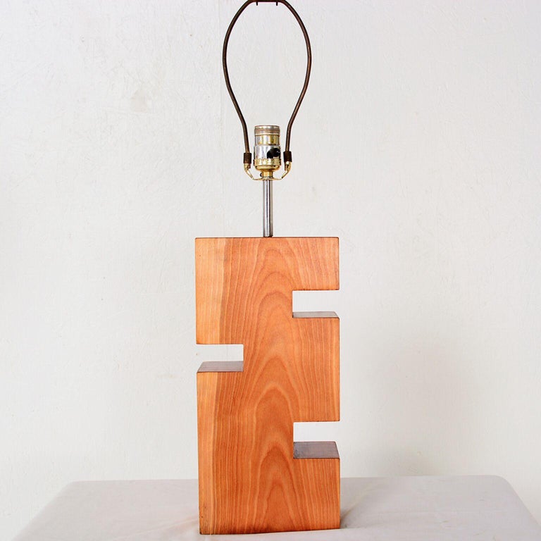 1970s Modern Geometric Carved Wood Block Table Lamp at 1stDibs