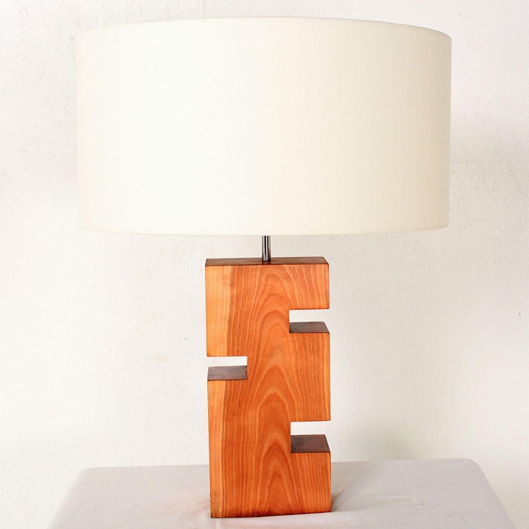 1970s Modern Geometric Carved Wood Block Table Lamp at 1stDibs