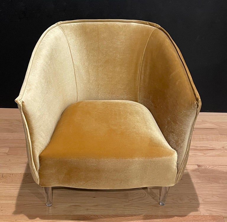 Modern Gold Velvet Barrel Chair with Lucite Legs at 1stDibs